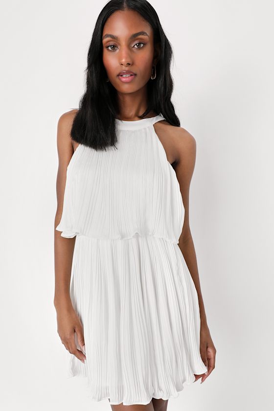 White Ruffled Mini Dress - Plisse Halter Dress - Satin Mini Dress - Lulus