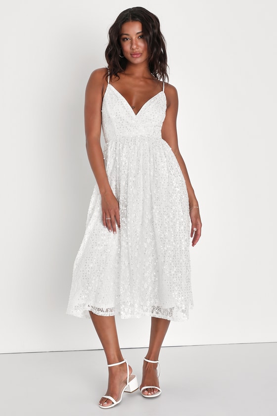 White Lace Sequin Dress - A-Line Midi Dress - Lace Midi Dress - Lulus
