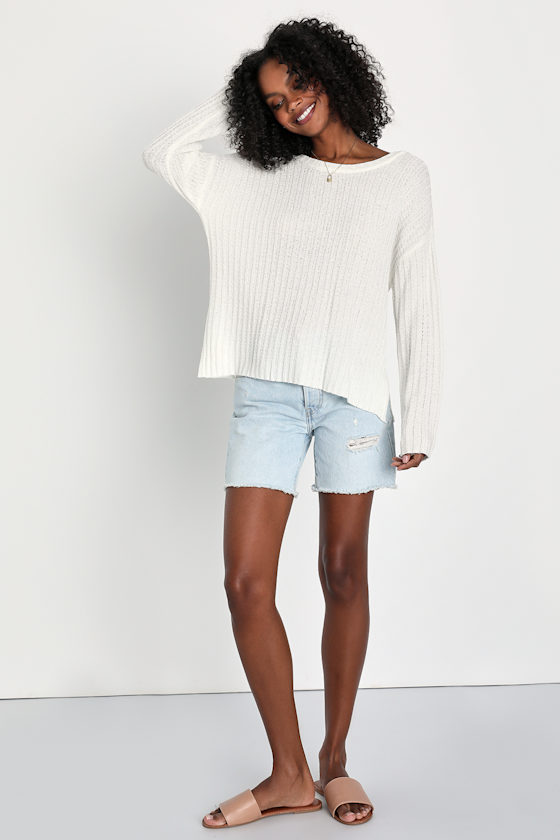 Ivory Waffle Knit Sweater - Boat Neck Sweater - Pullover Sweater - Lulus