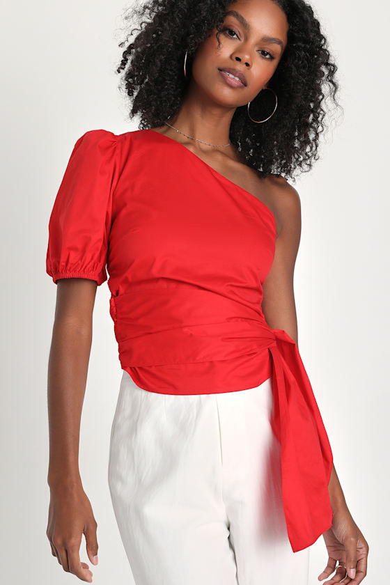 Red Side-Tie Top - One-Shoulder Top - Tie Top - Gathered Top - Lulus