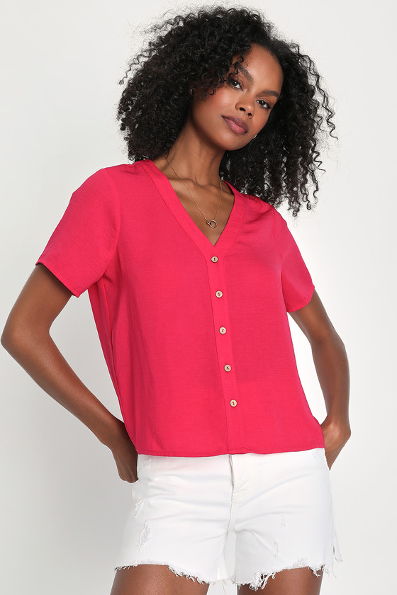 Pink Button Up Top Short Sleeve Top Button Down Cute Top Lulus