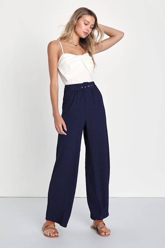 Navy Blue Belted Pants - High-Waisted Pants - Wide-Leg Pants - Lulus