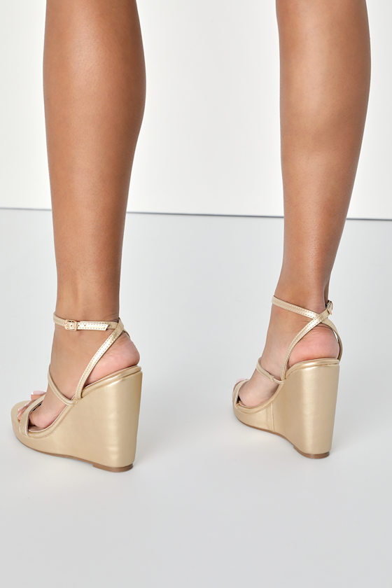 Gold Wedge Sandals - Shiny Wedge Sandals - Ankle Strap Sandals - Lulus