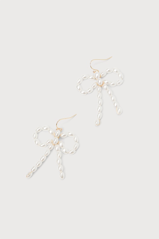 White Bow Earrings - Pearl Bead Earrings - Bead Bow Earrings - Lulus
