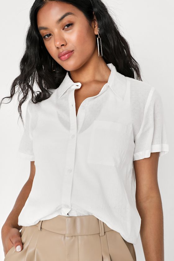 White Textured Button-Up - Collared Button-Up Top - Collared Top - Lulus