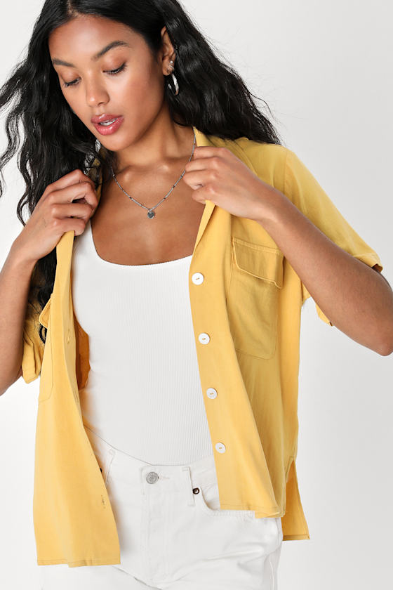Yellow Short Sleeve Top - Button-Up Top - Top With Pockets - Lulus