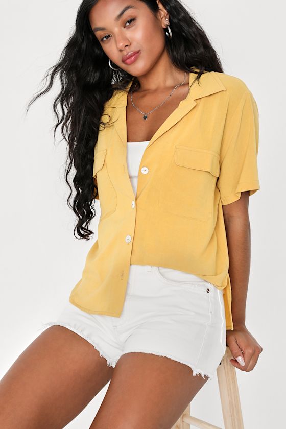 Yellow Short Sleeve Top - Button-Up Top - Top With Pockets - Lulus