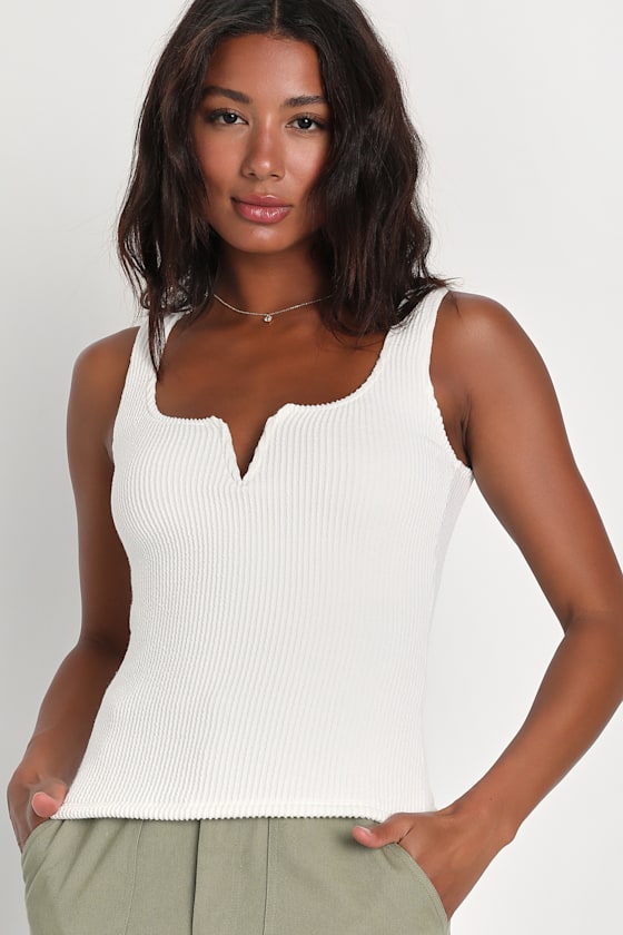 Ivory Ribbed Tank Top - Notch Neck Tank Top - Sleeveless Top - Lulus