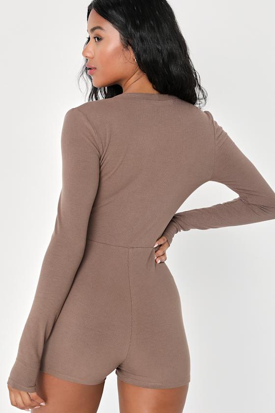 Taupe Lounge Romper - Long Sleeve Romper - Ribbed Knit Romper - Lulus