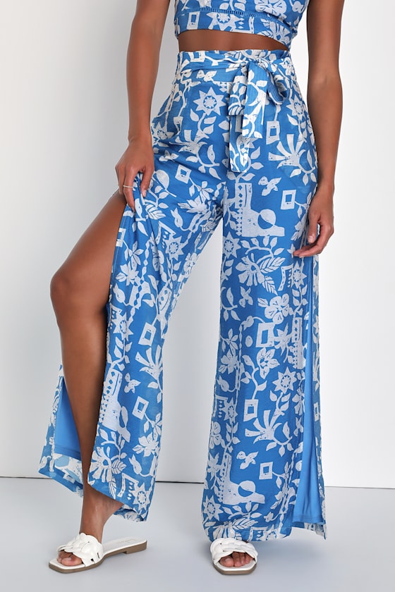 Blue Printed Pants - Belted Blue Pants - Slit-Leg Wide-Leg Pants - Lulus