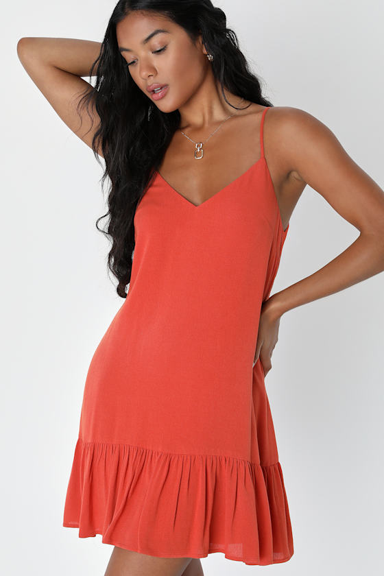 Cute Orange Mini Dress - Ruffled Shift Dress - Sleeveless Dress - Lulus