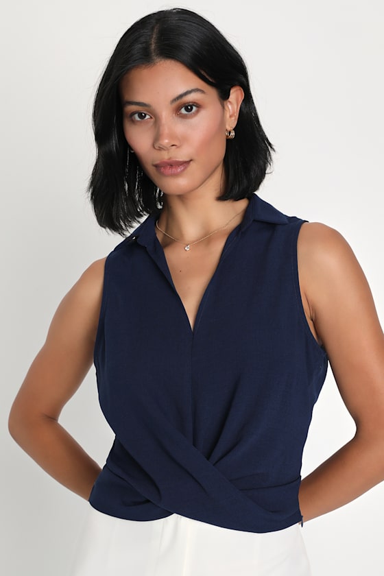 Navy Blue Sleeveless Top - Collared Tank Top - Twist-Front Top - Lulus