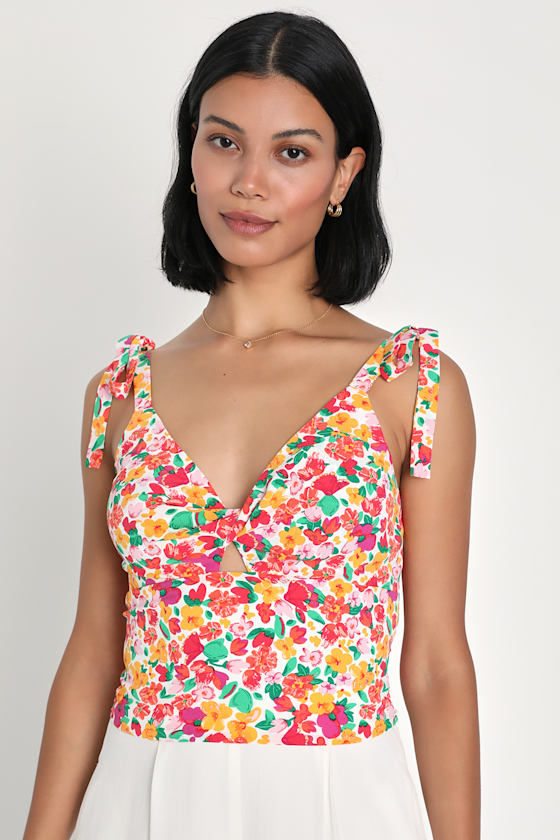 Ivory Floral Sleeveless Top - Tie-Strap Top - Twist-Front Top - Lulus