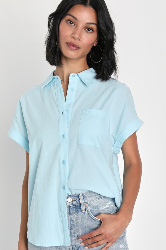 Light Blue Button Up Womens Poplin Top Short Sleeve Top Lulus