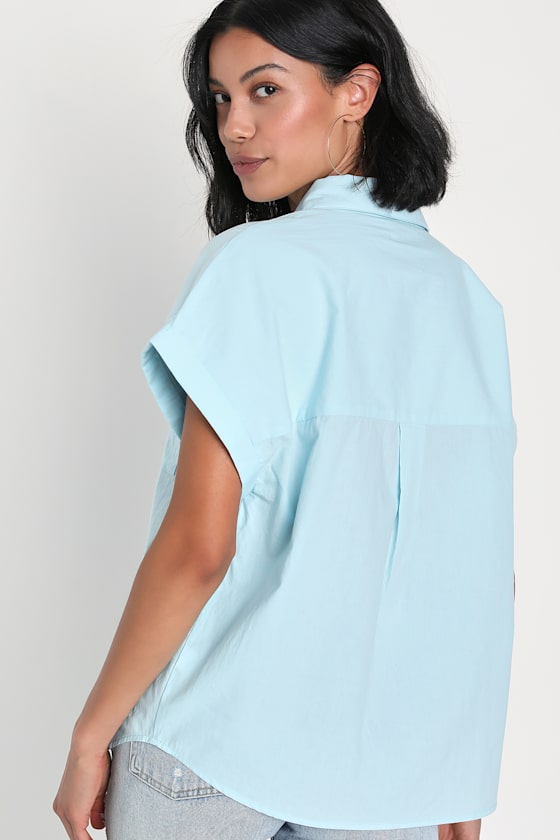 Light Blue Button-Up - Women's Poplin Top - Short Sleeve Top - Lulus