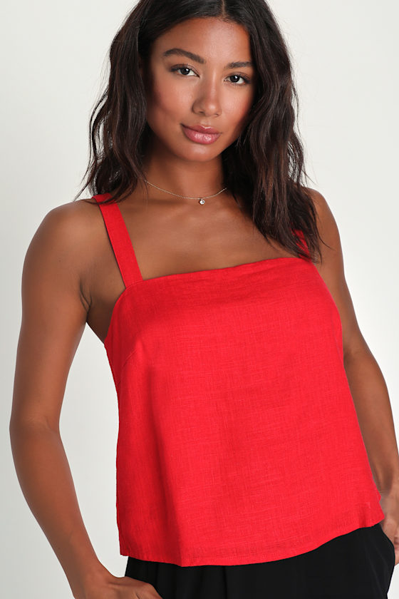 Red Linen Tank Top - Button-Back Tank Top - Cropped Tank Top - Lulus