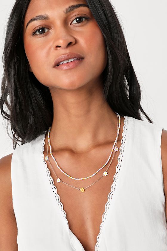 Gold Multi Flower Necklace - Beaded Layered Necklace - Necklace - Lulus