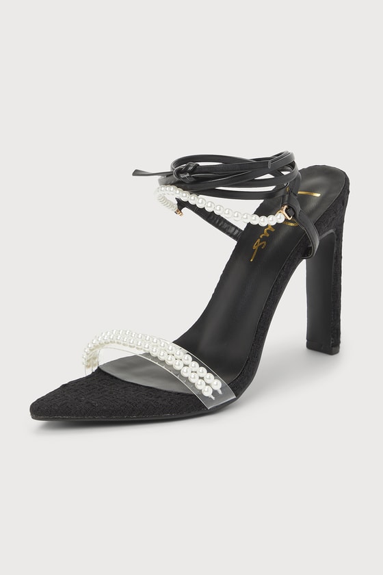 Black Boucle Heels Pearl Lace Up Heels Pointed Toe High Heels Lulus