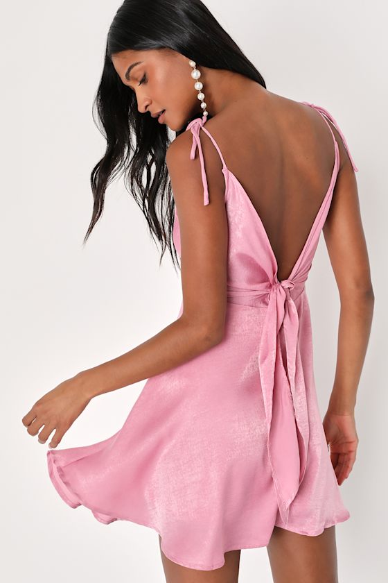 Pink Cocktail Dress - Satin Mini Dress - Tie-Strap Mini Dress - Lulus