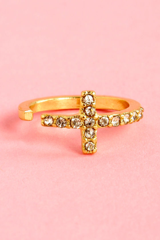 Cute Cross Ring - Rhinestone Ring - Gold Ring - Knuckle Ring - $11.00 ...