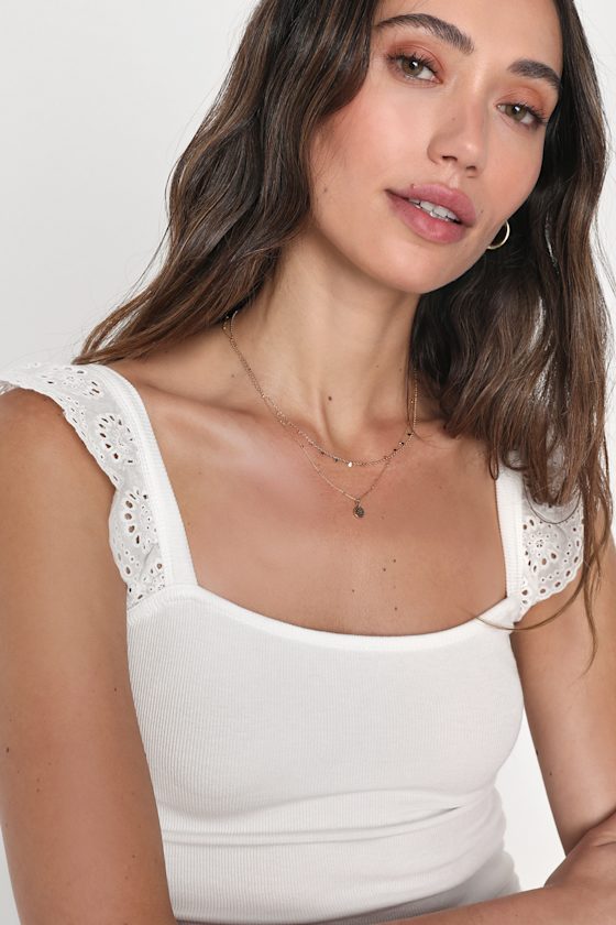 Ivory Ribbed Knit Top - Ruffle Strap Top - Eyelet Embroidered Top - Lulus