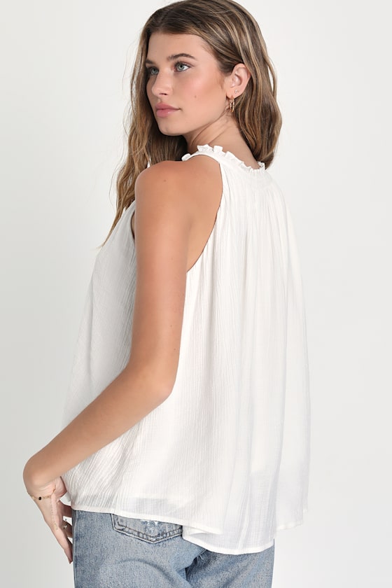 White Gauzy Tank Top - Ruffled Tank Top - Tie-Neck Tank Top - Lulus
