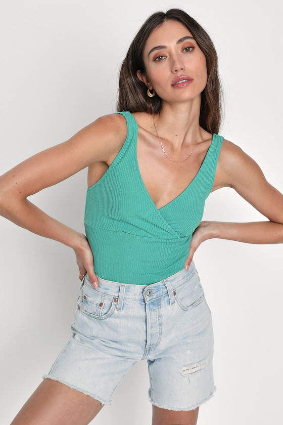 Teal Green Ribbed Tank Top - Surplice Tank Top - Cropped Tank Top - Lulus