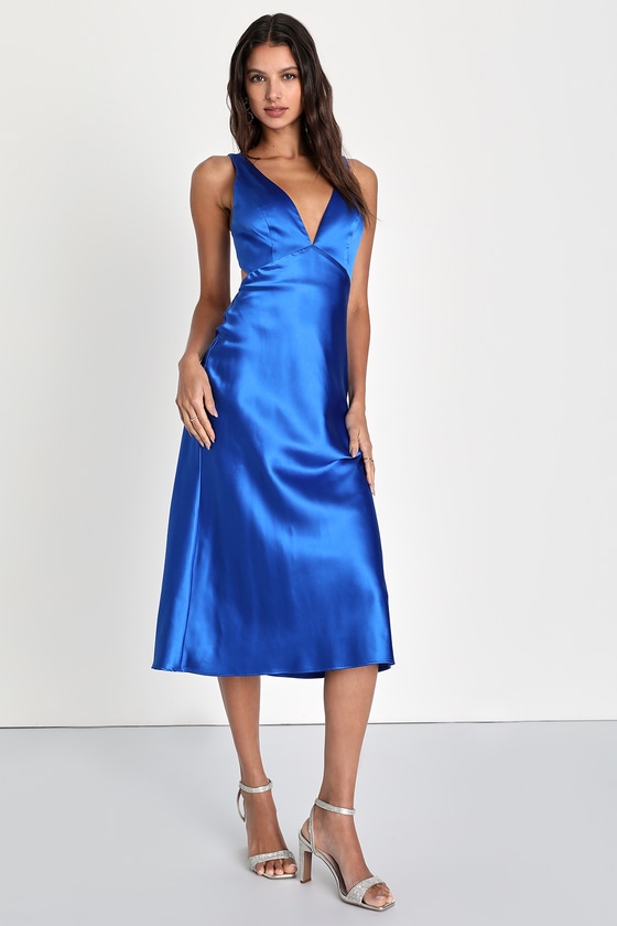 Blue Satin Dress Sexy Satin Midi Dress V Neck Midi Dress Lulus