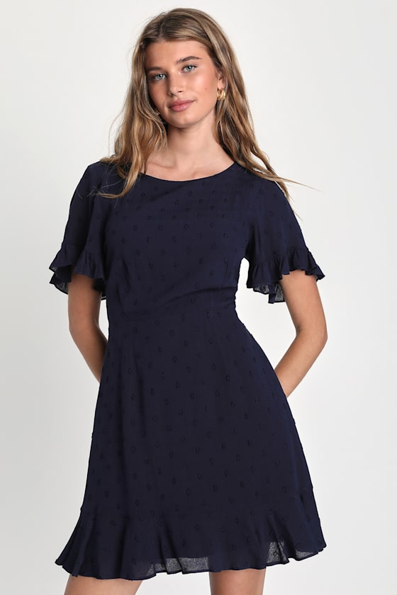 Navy Blue Mini Dress - Clip Dot Skater Dress - Ruffled Mini Dress - Lulus