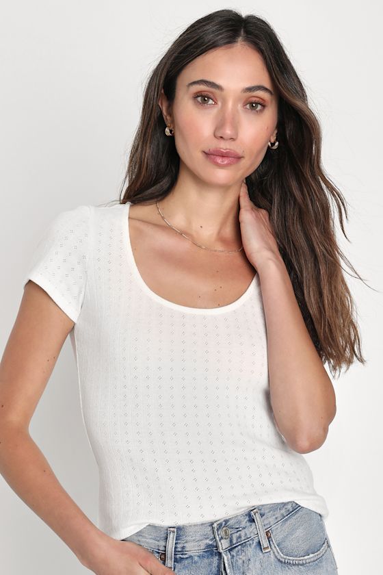 Ivory Short Sleeve Top - Pointelle Knit Top - Scoop Neck Top - Lulus