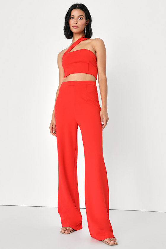 Red Two-Piece Jumpsuit - One-Shoulder Jumpsuit - Crepe Jumpsuit - Lulus