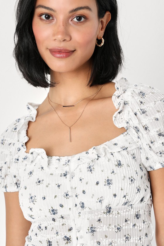 Ivory Floral Top Ruffled Puff Sleeve Top Mesh Floral Top Lulus