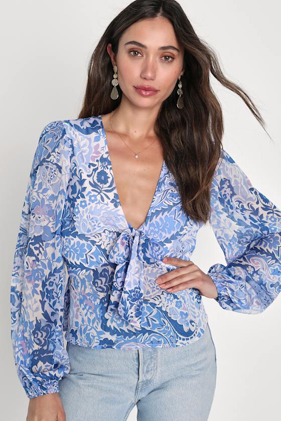 Blue Floral Print Top - Tie-Front Top - Balloon Sleeve Top - Lulus