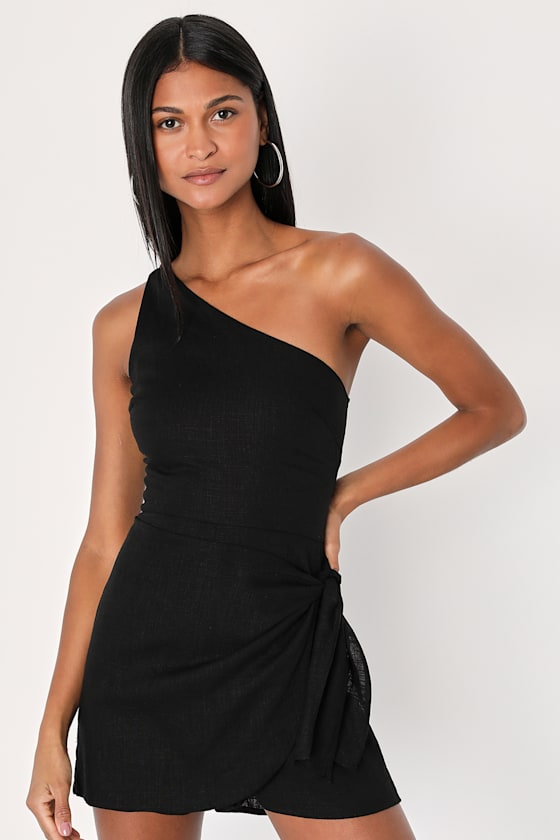 Black One-Shoulder Romper - Skort Romper - Knotted Romper - Lulus