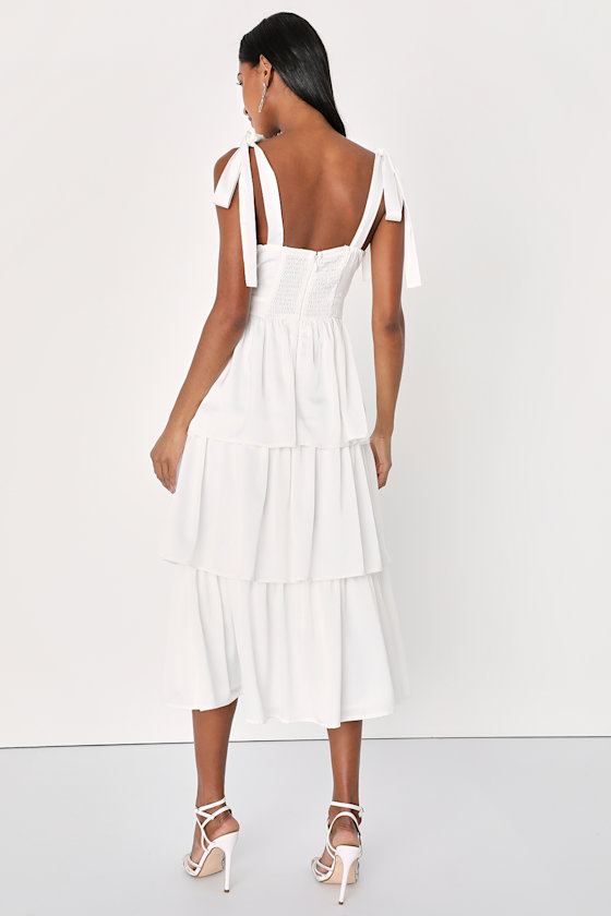 White Satin Midi Dress - White Tiered Dress - Tie-Strap Dress - Lulus