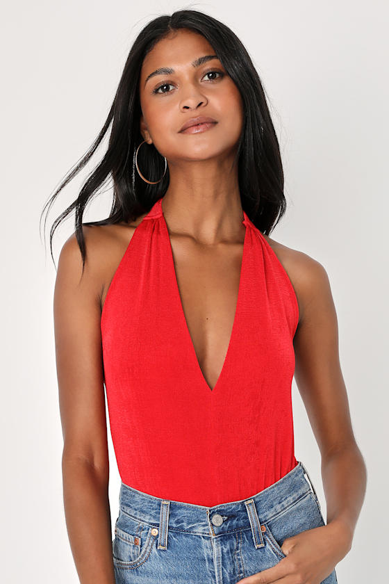 Red Slinky Knit Bodysuit - Halter Neck Bodysuit - Backless Top - Lulus