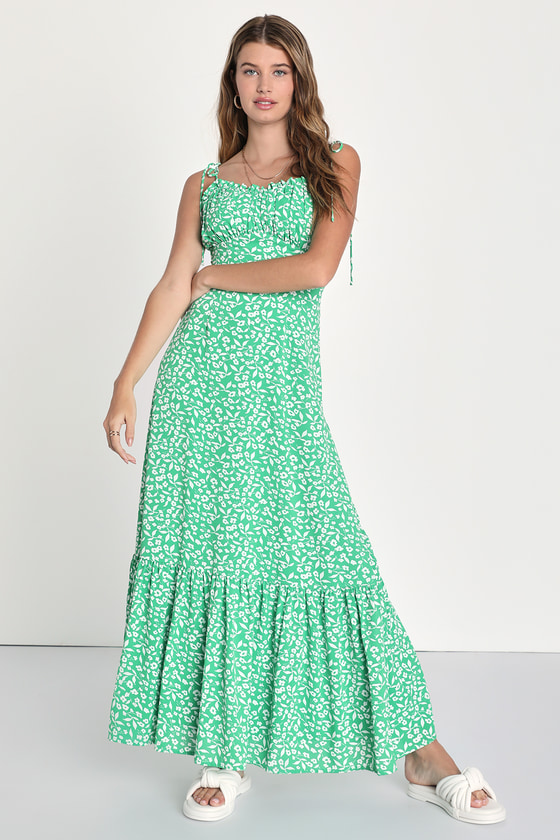 Green Floral Print Dress Tie Strap Maxi Dress Empire Dress Lulus