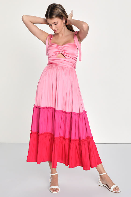 Pink Satin Midi Dress - Color Block Dress - Tie Strap Midi Dress - Lulus