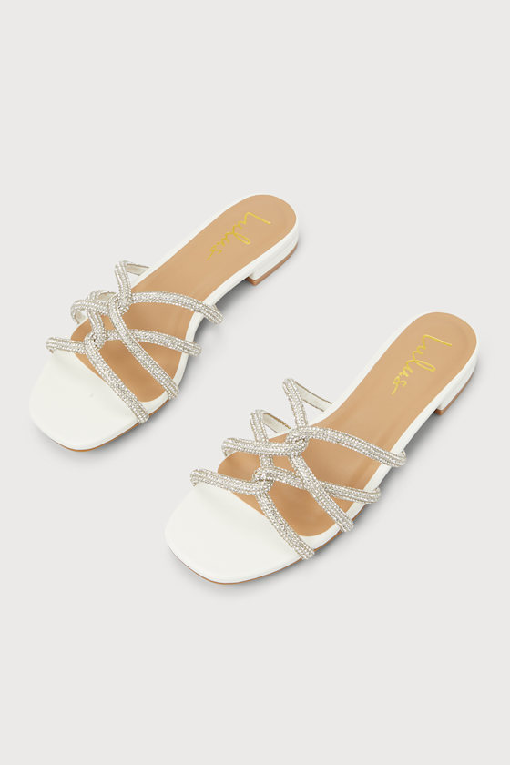 White Strappy Sandals - Slide-On Sandals - Rhinestone Sandals - Lulus