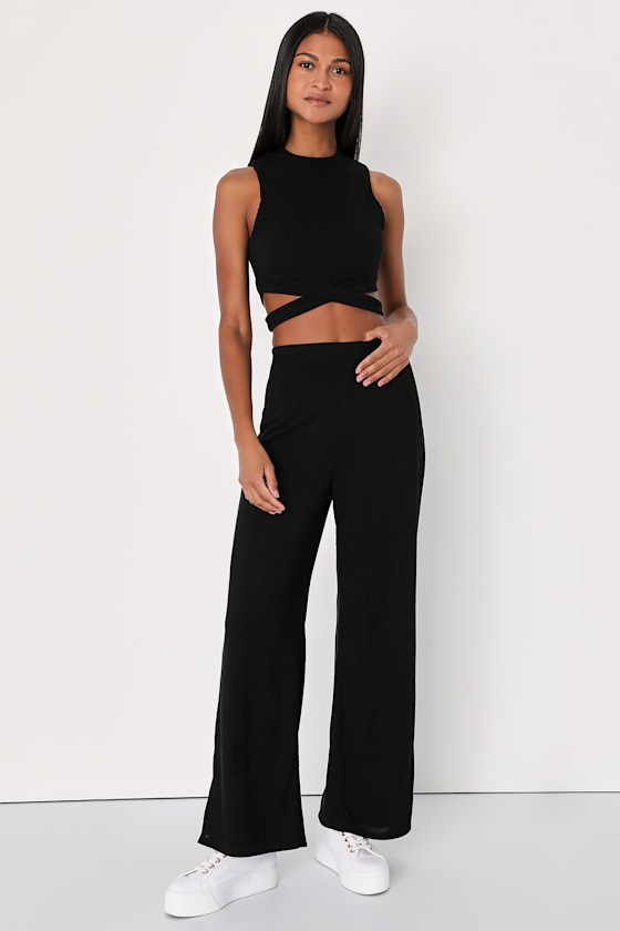 Black Ribbed Lounge Set - Wide-Leg Jumpsuit - 2-Piece Lounge Set - Lulus