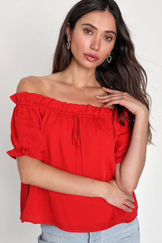 Red Satin Puff Sleeve Top - Off-the-Shoulder Top - Cute Blouse - Lulus