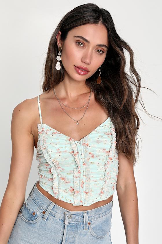Light Blue Floral Top - Ruched Mesh Crop Top - Ruffled Tank Top - Lulus