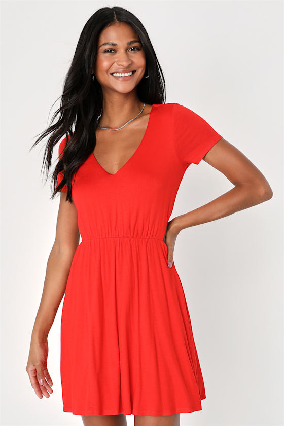 Cute Red Cutout Dress - Short Sleeve Mini Dress - Knotted Dress - Lulus