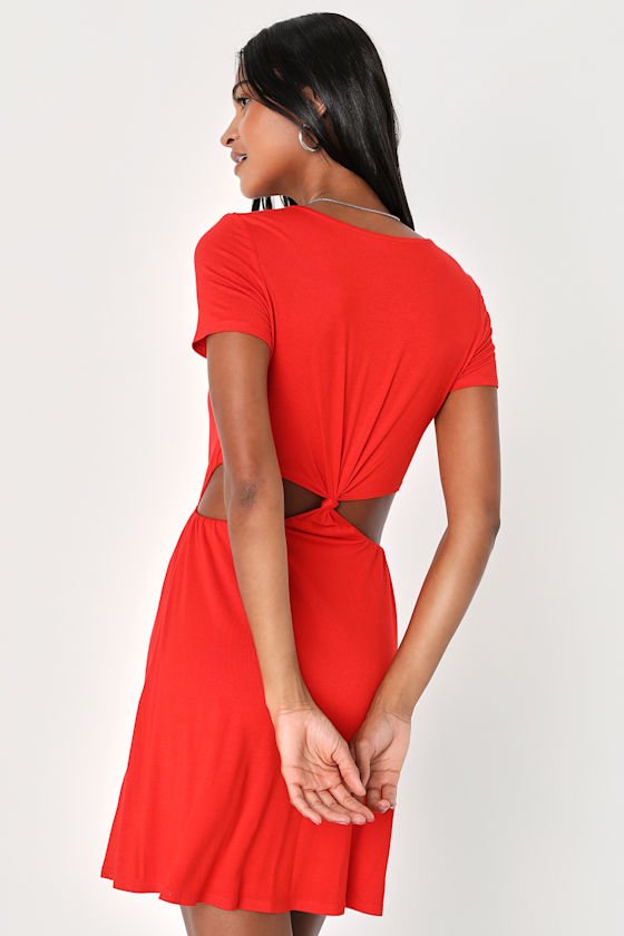 Cute Red Cutout Dress - Short Sleeve Mini Dress - Knotted Dress - Lulus