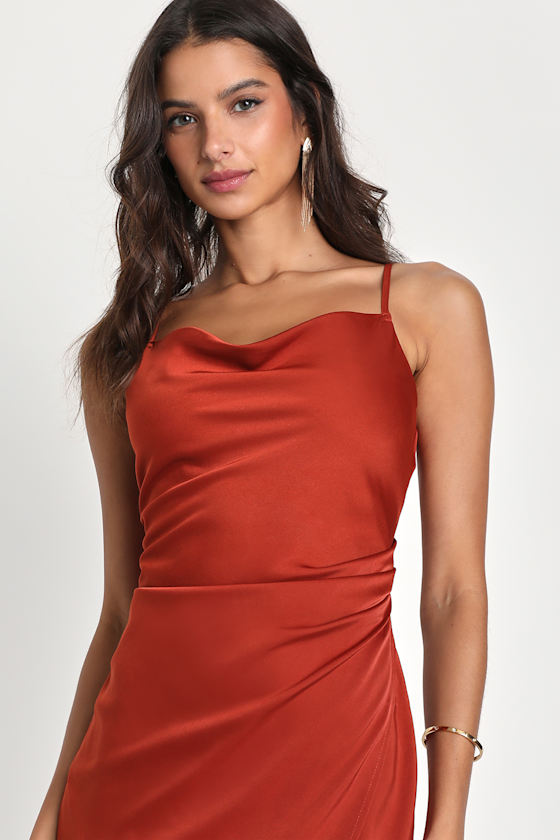 Rust Brown Dress - Satin Dress - Midi Dress - Slip Dress - Lulus