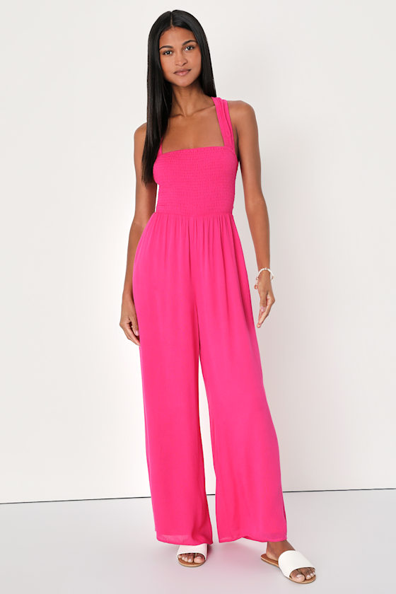 Pink Smocked Jumpsuit - Tie-Back Jumpsuit - Wide Leg Jumpsuit - Lulus