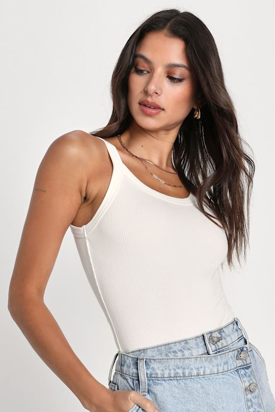 White Bodysuit - Ribbed Cami Bodysuit - Ribbed Knit Bodysuit - Lulus