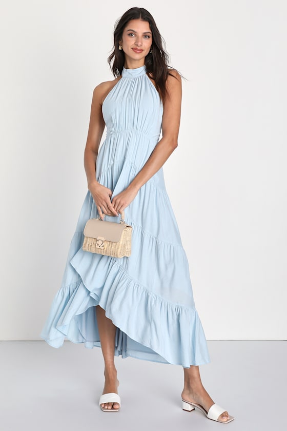 Light Blue Tiered Dress - Halter Sundress - High-Low Dress - Lulus