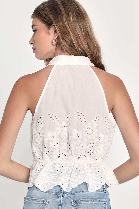 White Collared Top - Cotton Embroidered Top - Cute Eyelet Top - Lulus