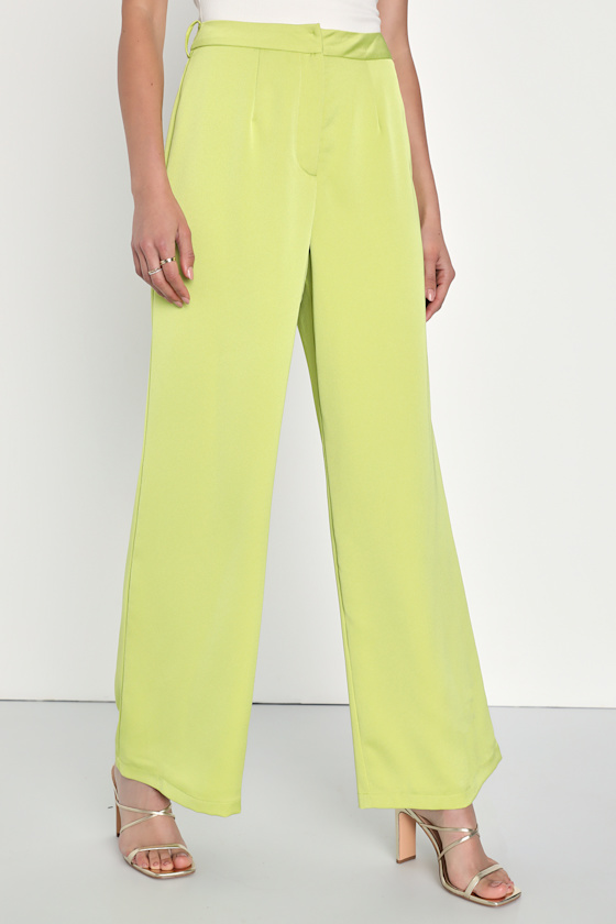 Lime Green Satin Pants - Wide Leg Pants - Satin Trouser Pants - Lulus